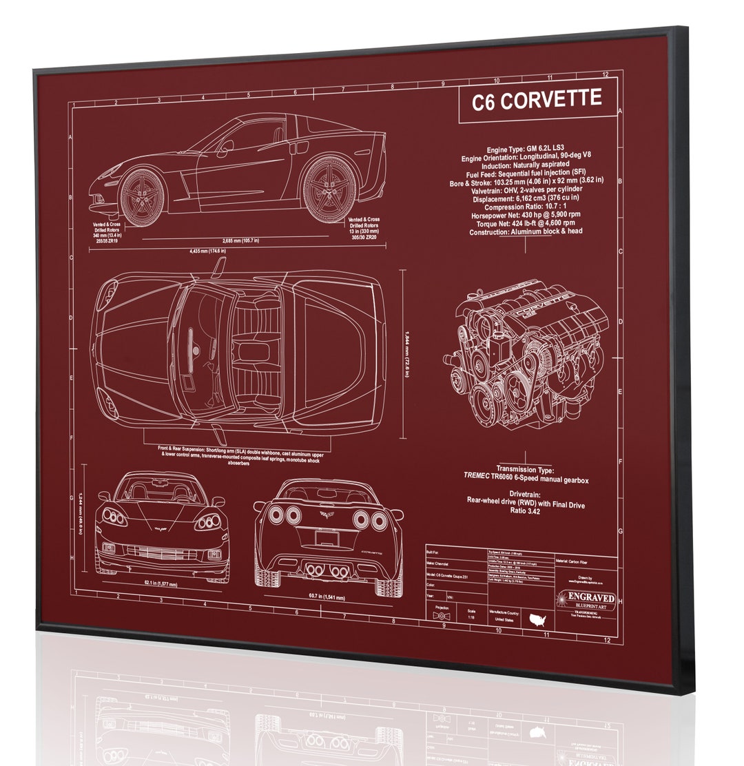 Corvette C6 Coupe LS3 Laser Engraved Blueprint. Wall Art. Engraved on ...