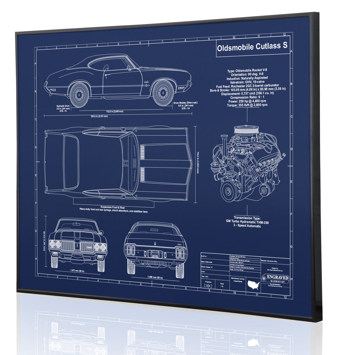 Oldsmobile Cutlass S 1970 Laser Engraved Wall Art. Blueprint - Etsy