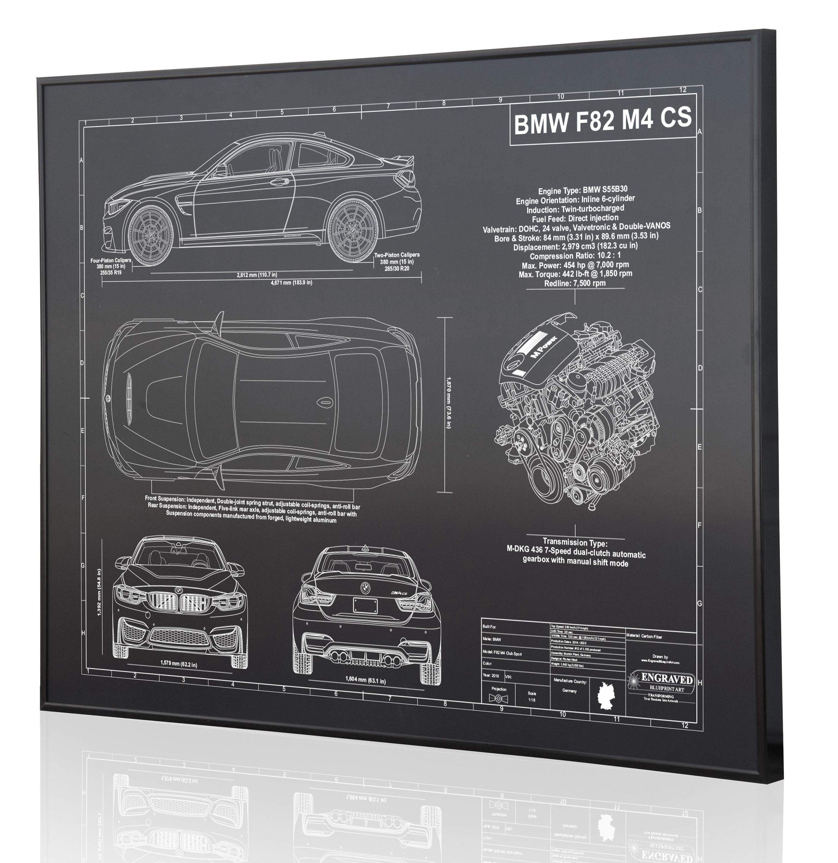 BMW M4 CS Laser Engraved Wall Art Poster. Blueprint Sign | Etsy