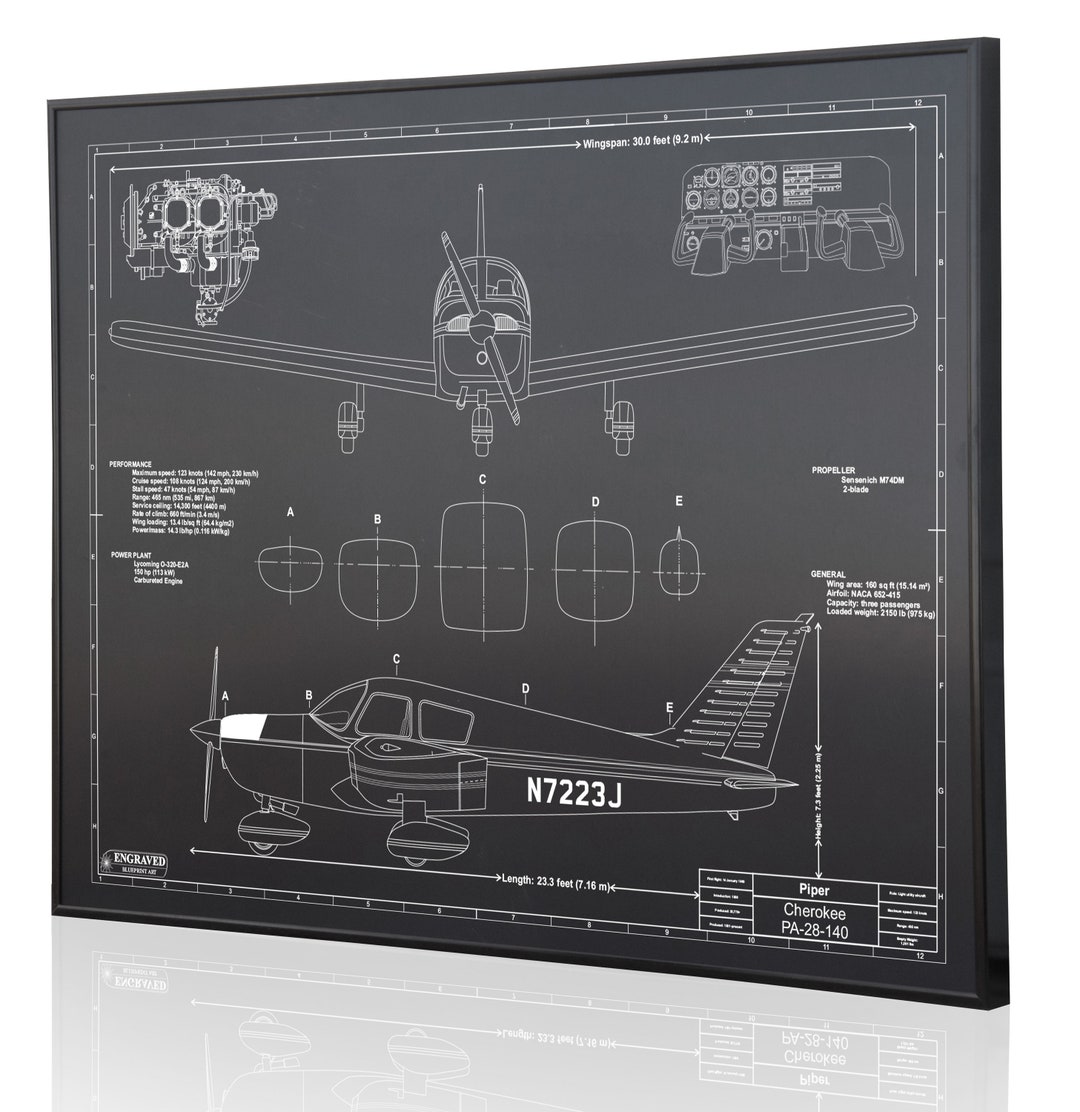Piper Cherokee PA-28-140D Engraved Wall Art Poster. Engraved on Metal ...