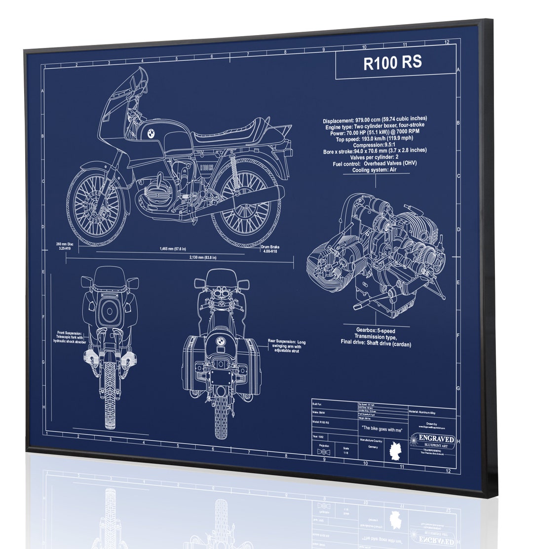 BMW R100 RS Laser Engraved Wall Art Poster. Blueprint Sign Artwork to ...