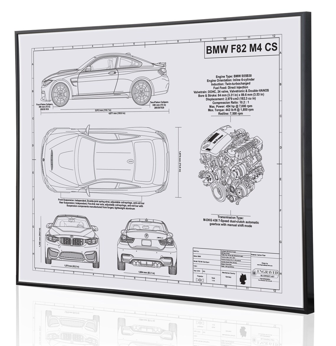 BMW M4 CS Laser Engraved Wall Art Poster. Blueprint Sign | Etsy