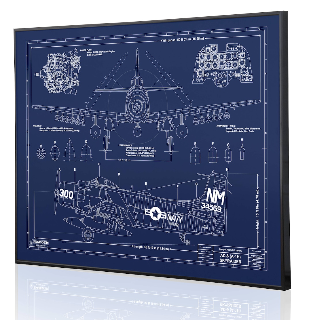 Douglas A-1 Skyraider Blueprint. Engraved on Metal, Acrylic or Wood ...