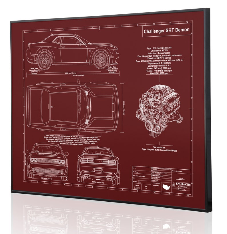 Dodge Challenger SRT Demon Personalized Blueprint Laser - Etsy