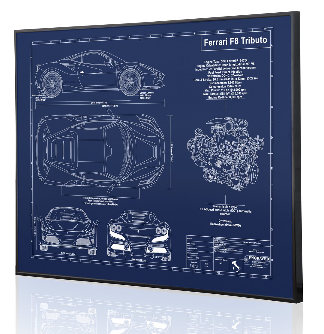 Ferrari F8 Tributo Laser Engraved Wall Art Poster. Engraved on Metal ...