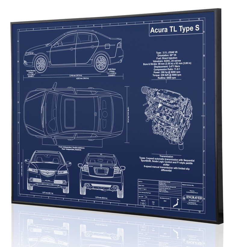 Acura TL Type S Personalized Laser Engraved Blueprint Wall Art | Etsy