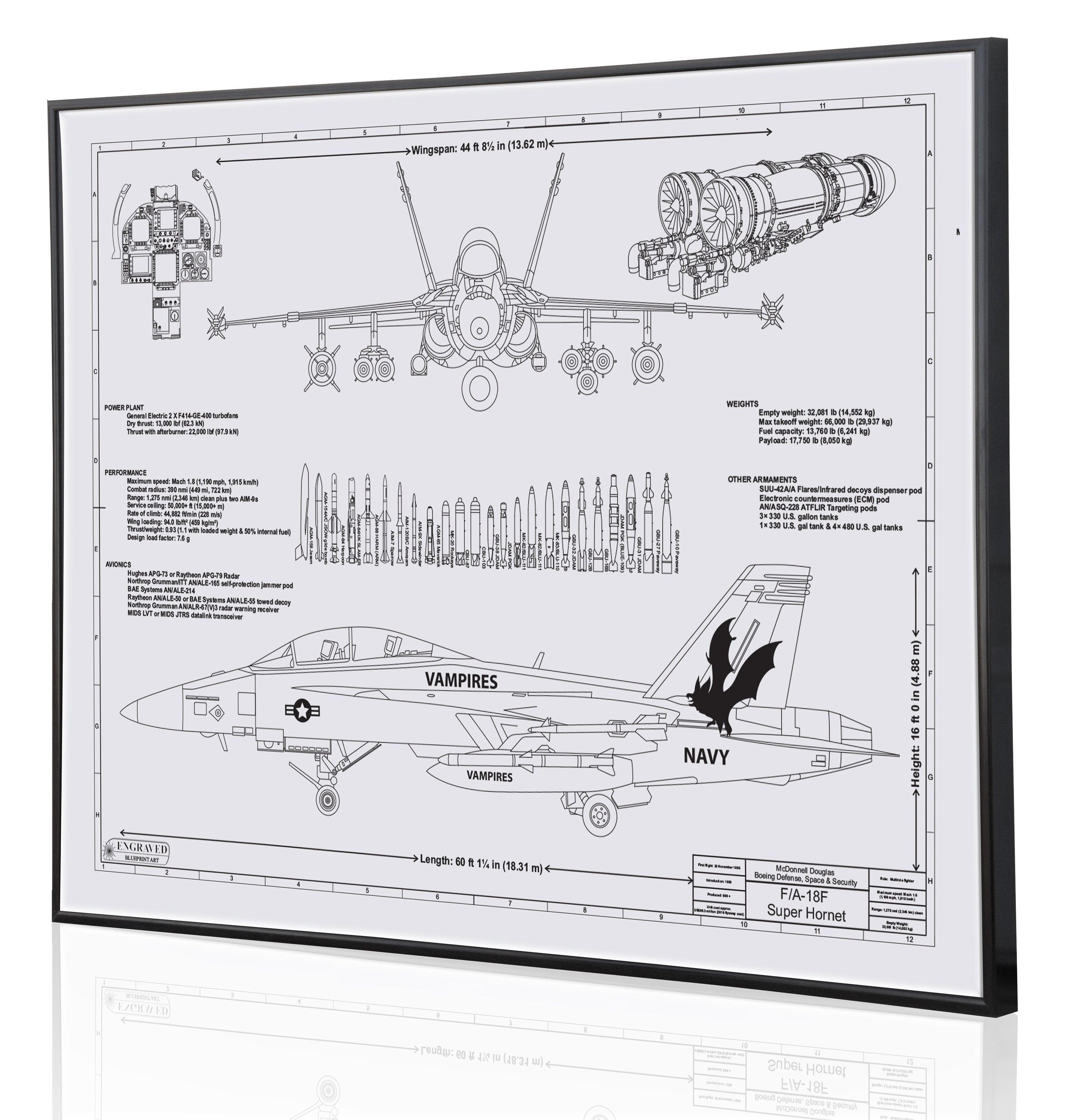 F/A-18F Personalized Laser Engraved Blueprint Artwork. Custom | Etsy