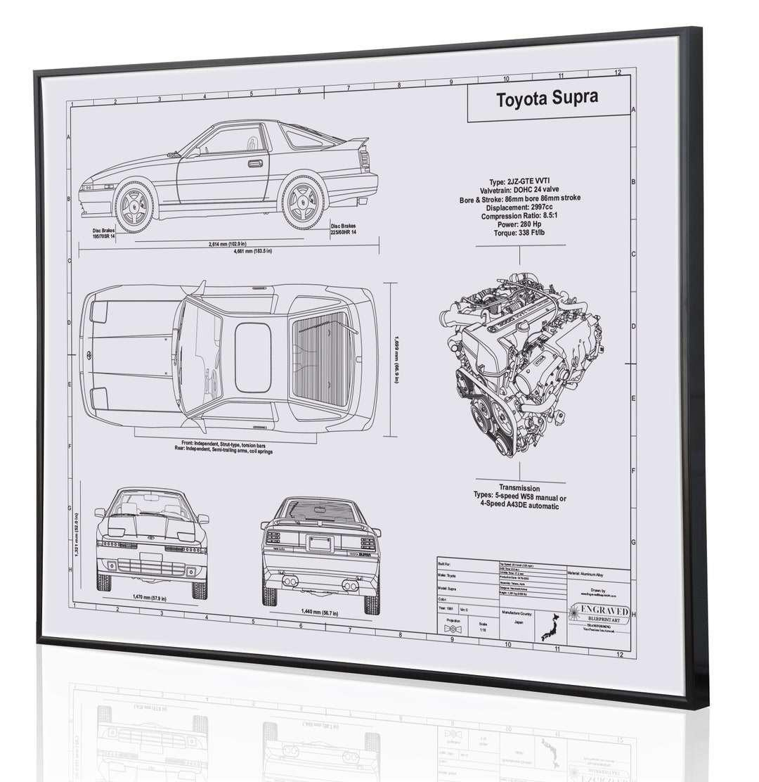 Toyota Supra MKIII Personalized Laser Engraved Wall Blueprint Art ...