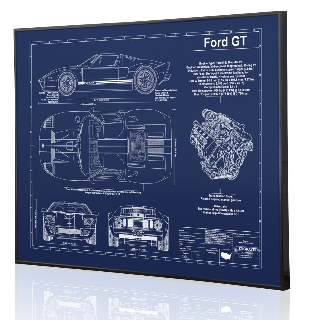 Ford GT 2005 2006 Laser Engraved Blueprint. on Metal, Acrylic or Wood ...