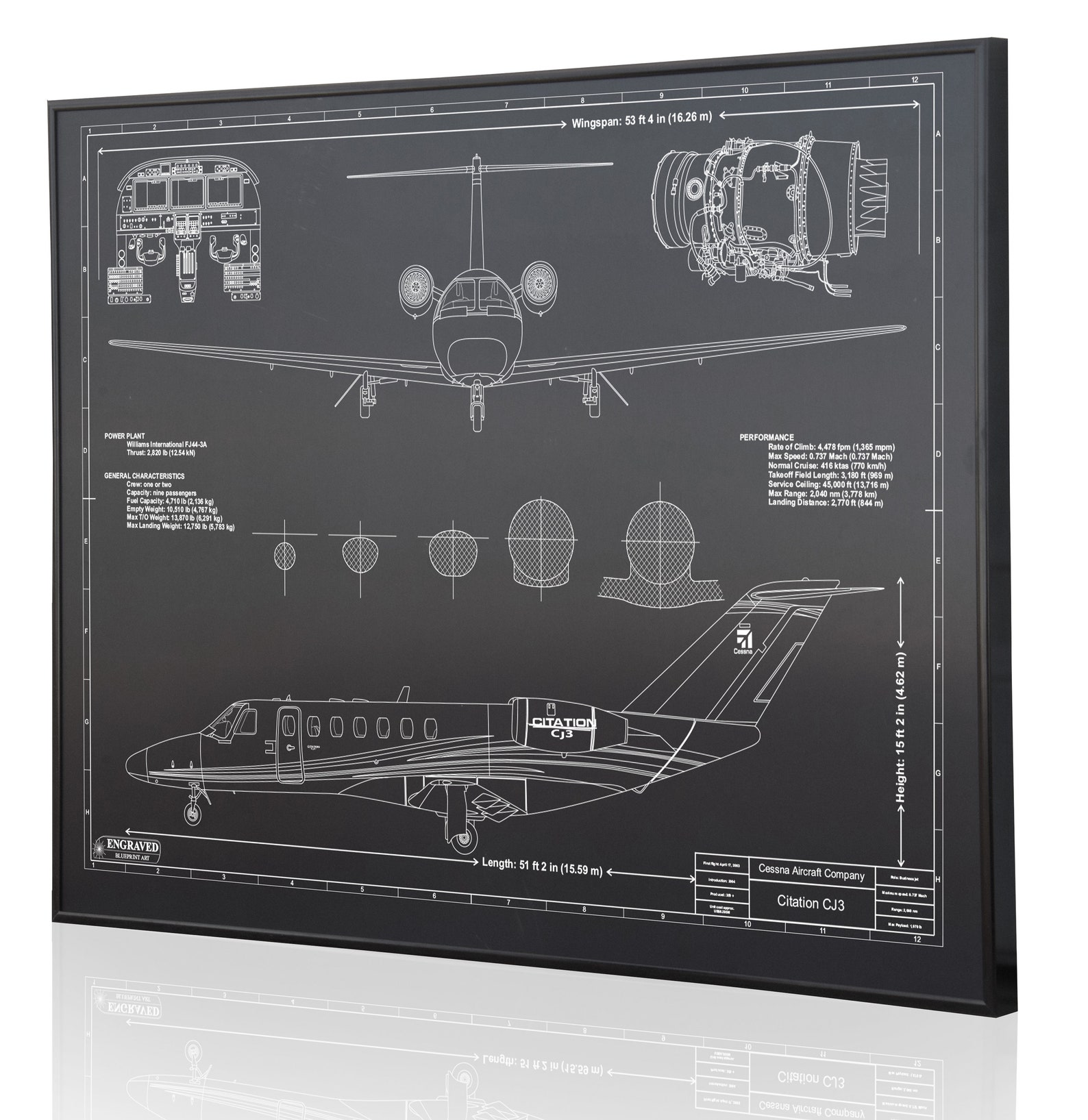 Cessna Citation CJ3 Personalized Engraved Blueprint Artwork. | Etsy
