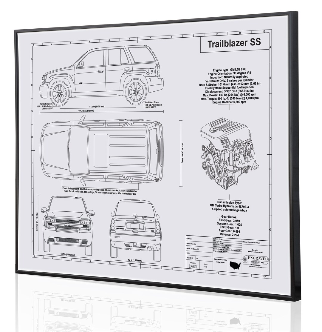 Chevrolet Trailblazer SS Laser Engraved Wall Art Blueprint. Engraved on ...