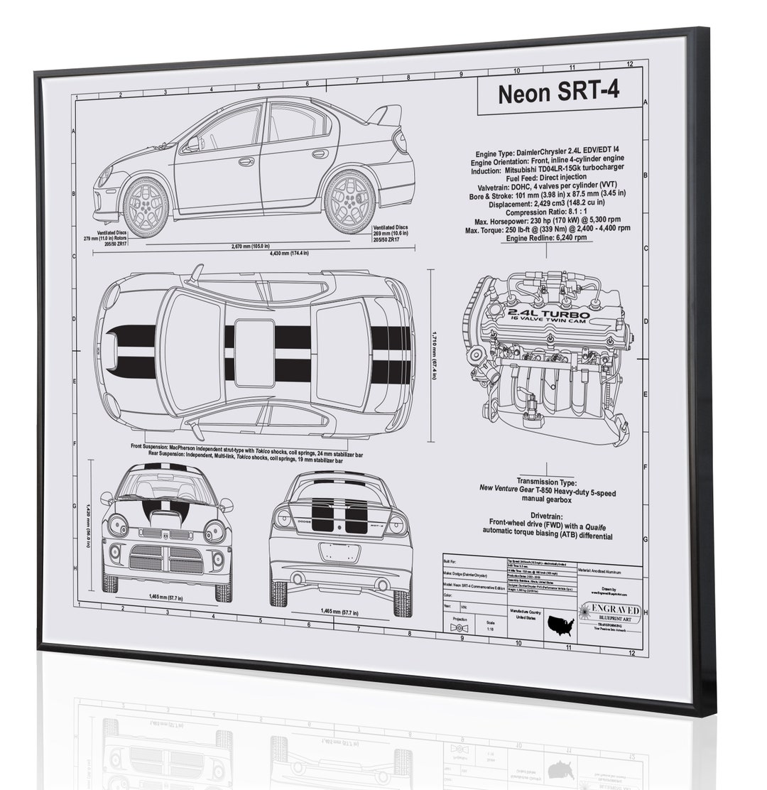 Dodge Neon SRT-4 Personalized Blueprint, Laser Engraved Wall Art. Metal ...