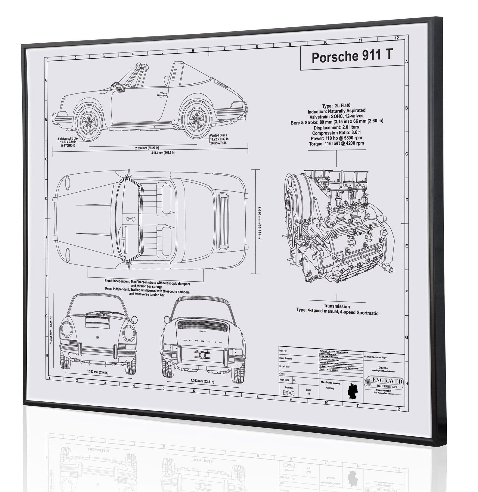 Porsche 911 T 1969 Laser Engraved Wall Art Poster Porsche - Etsy