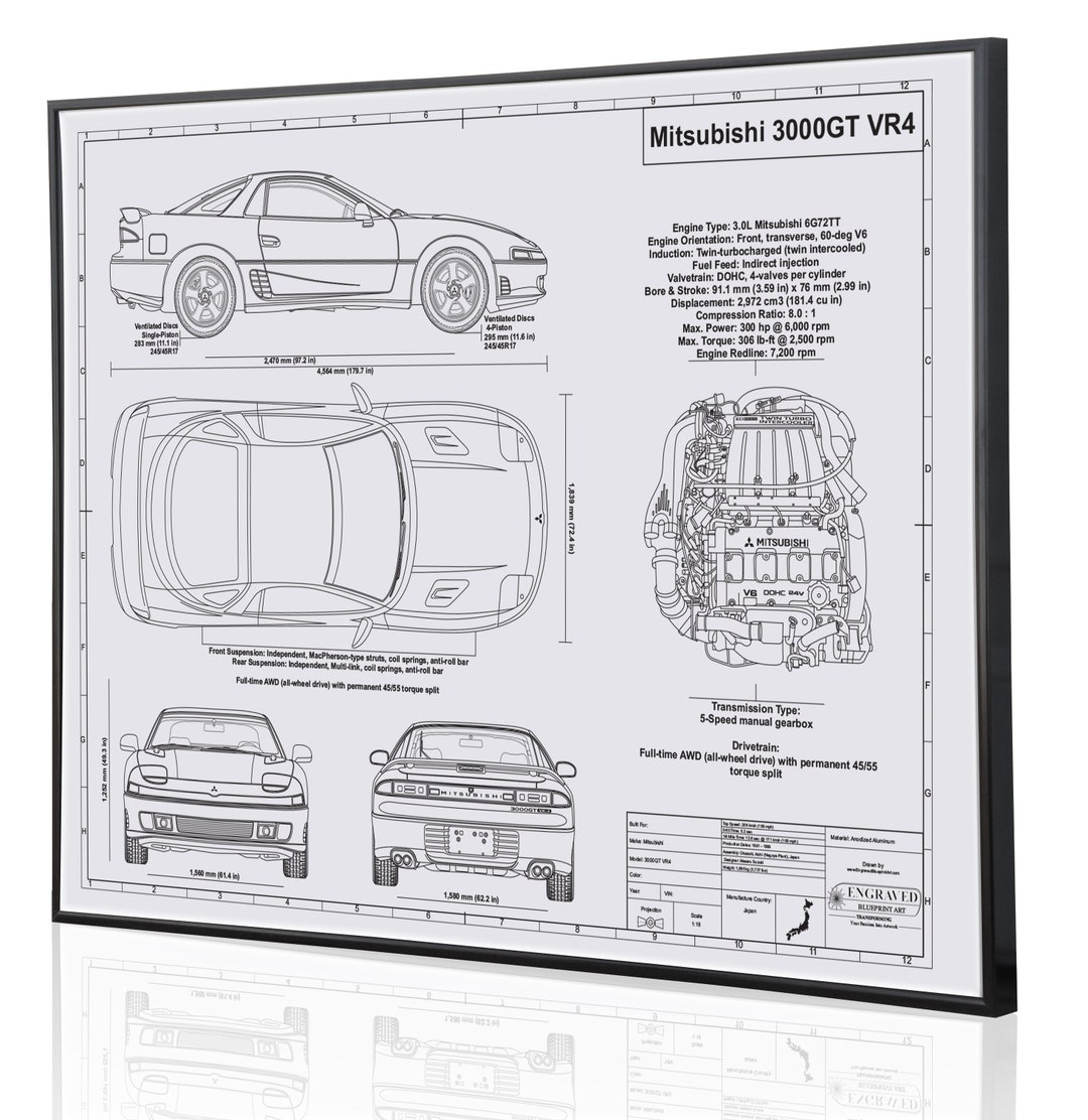 Mitsubishi 3000GT VR4 Laser Engraved Blueprint. Engraved on Metal ...