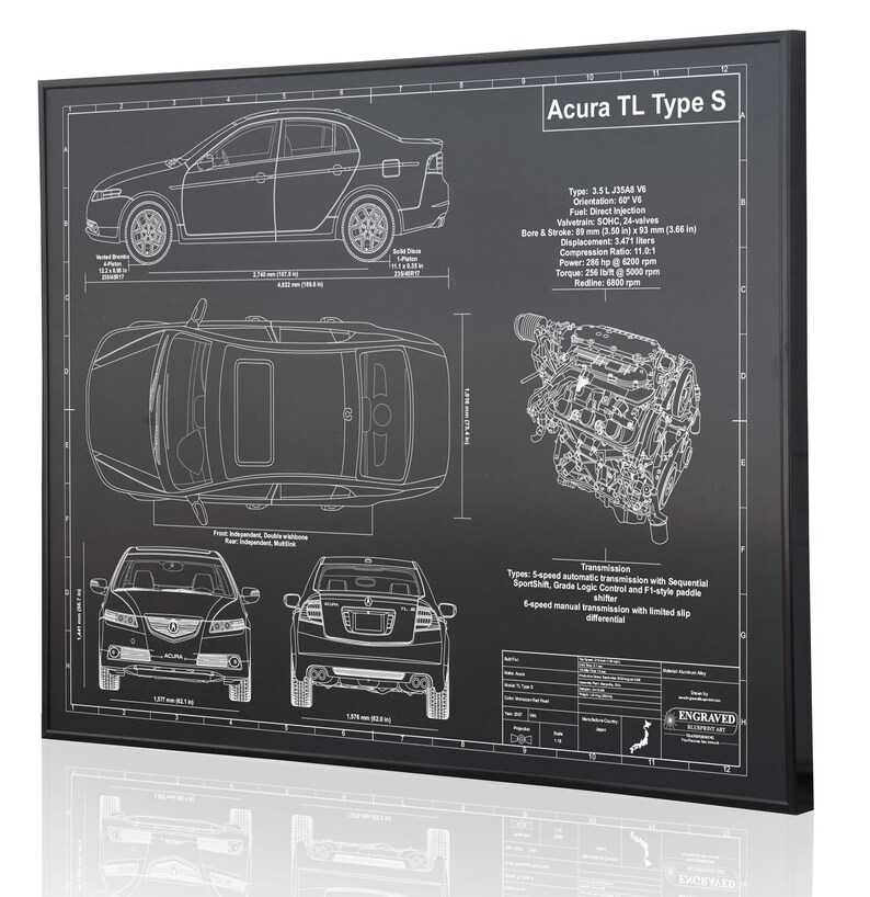 Acura TL Type S Personalized Laser Engraved Blueprint Wall Art | Etsy