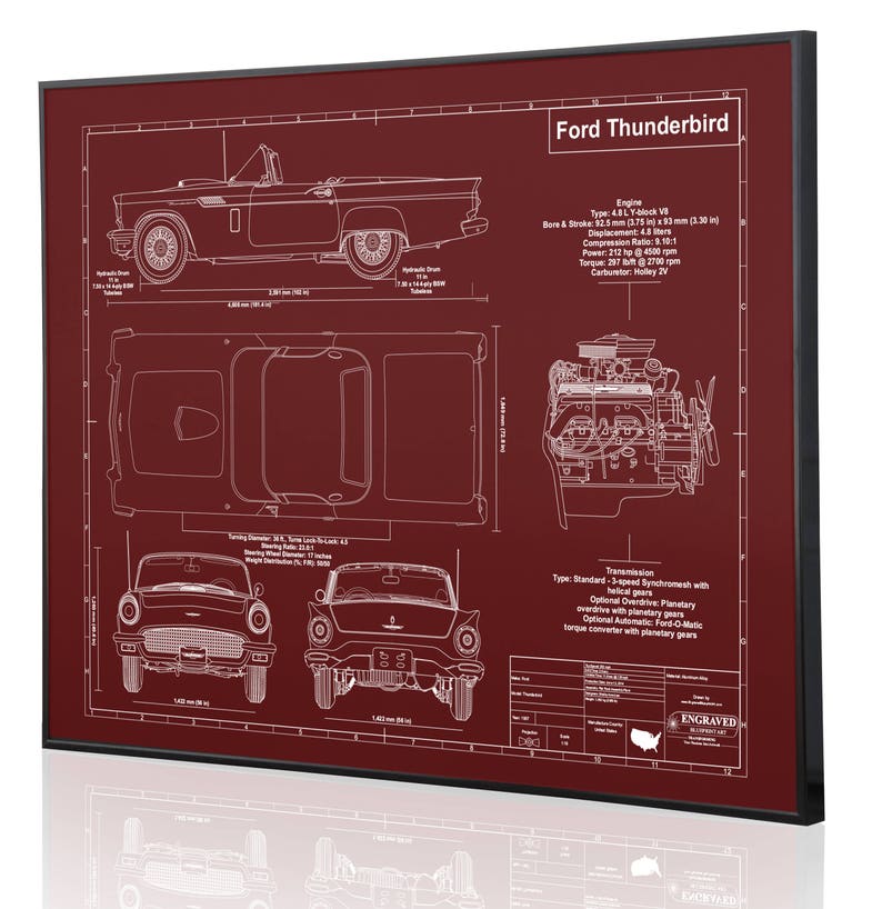 Ford Thunderbird 1957 Laser Engraved Wall Art. Blueprint Sign - Etsy