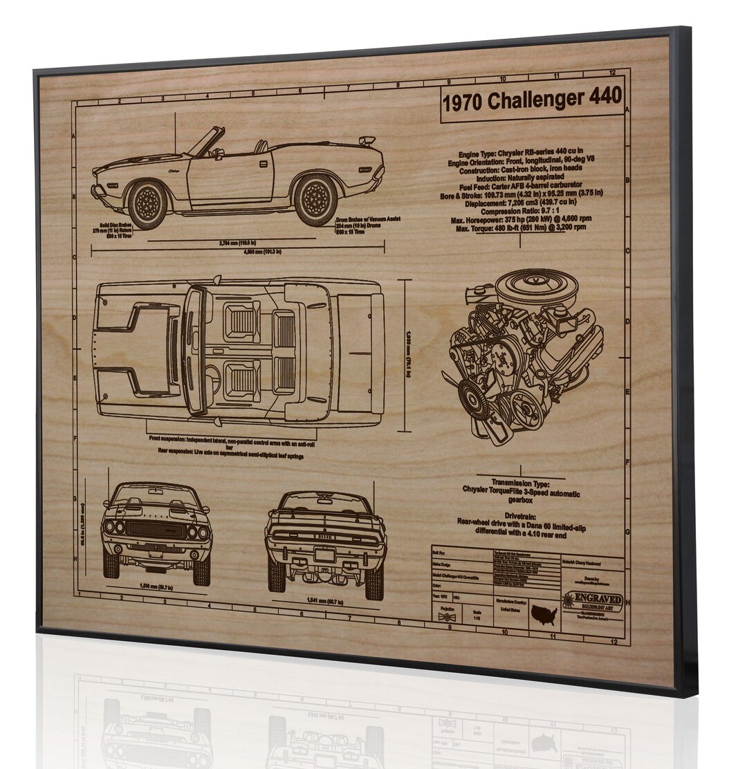 Dodge Challenger Convertible 1970 Engraved Blueprint, Engraved Wall Art ...