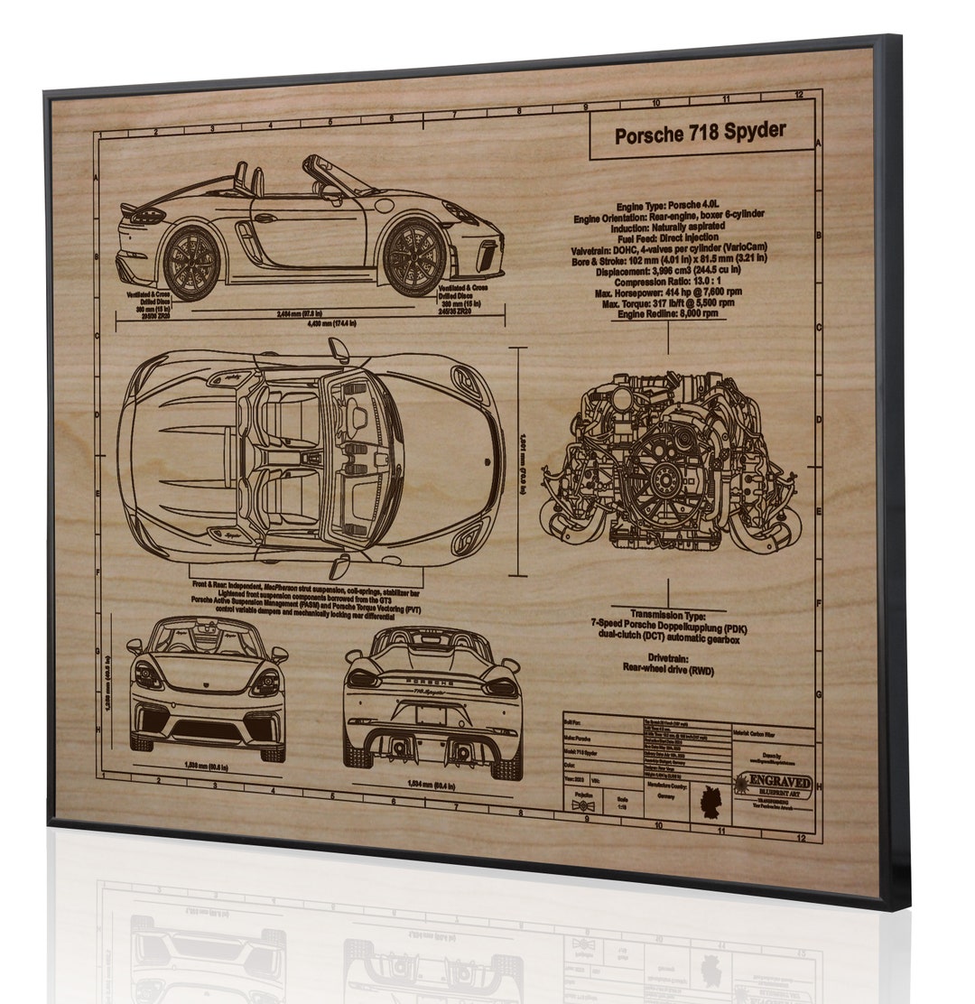 Porsche 718 Spyder Laser Engraved Blueprint Car Enthusiast Gifts Hand ...