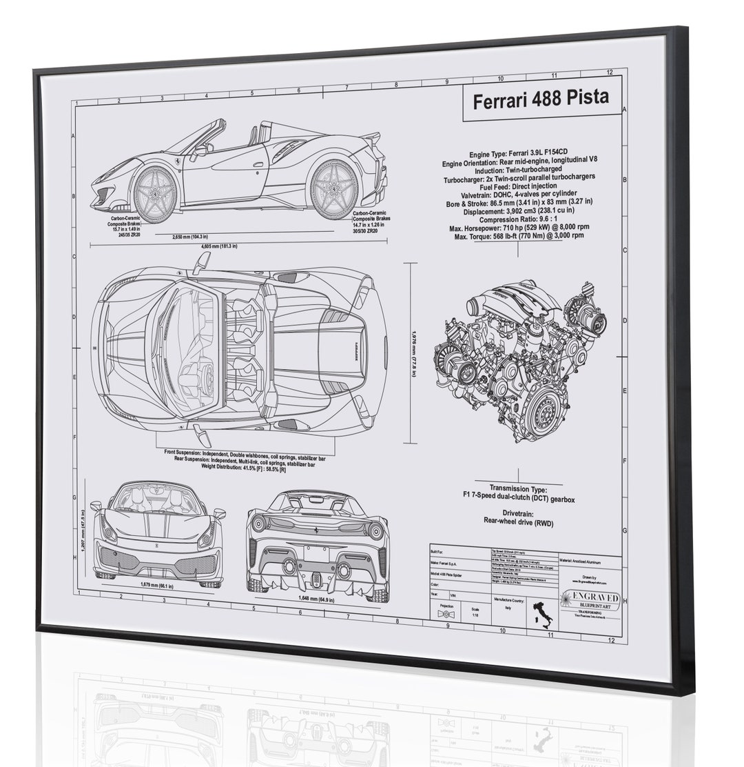Ferrari 488 Pista Spider Laser Engraved Blueprint Art. Metal, Acrylic ...