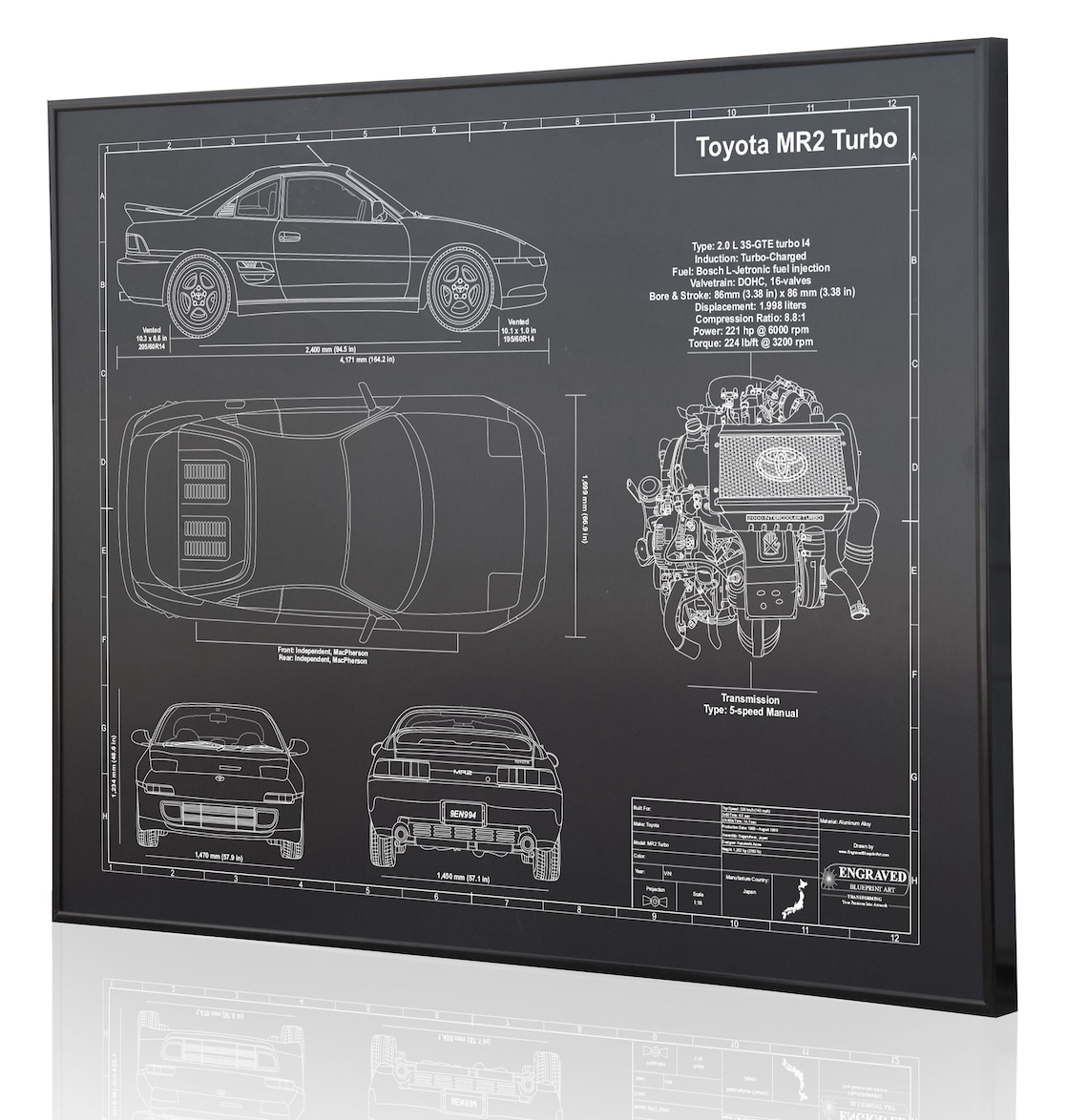 Toyota MR2 Turbo Personalized Laser Engraved Wall Blueprint - Etsy