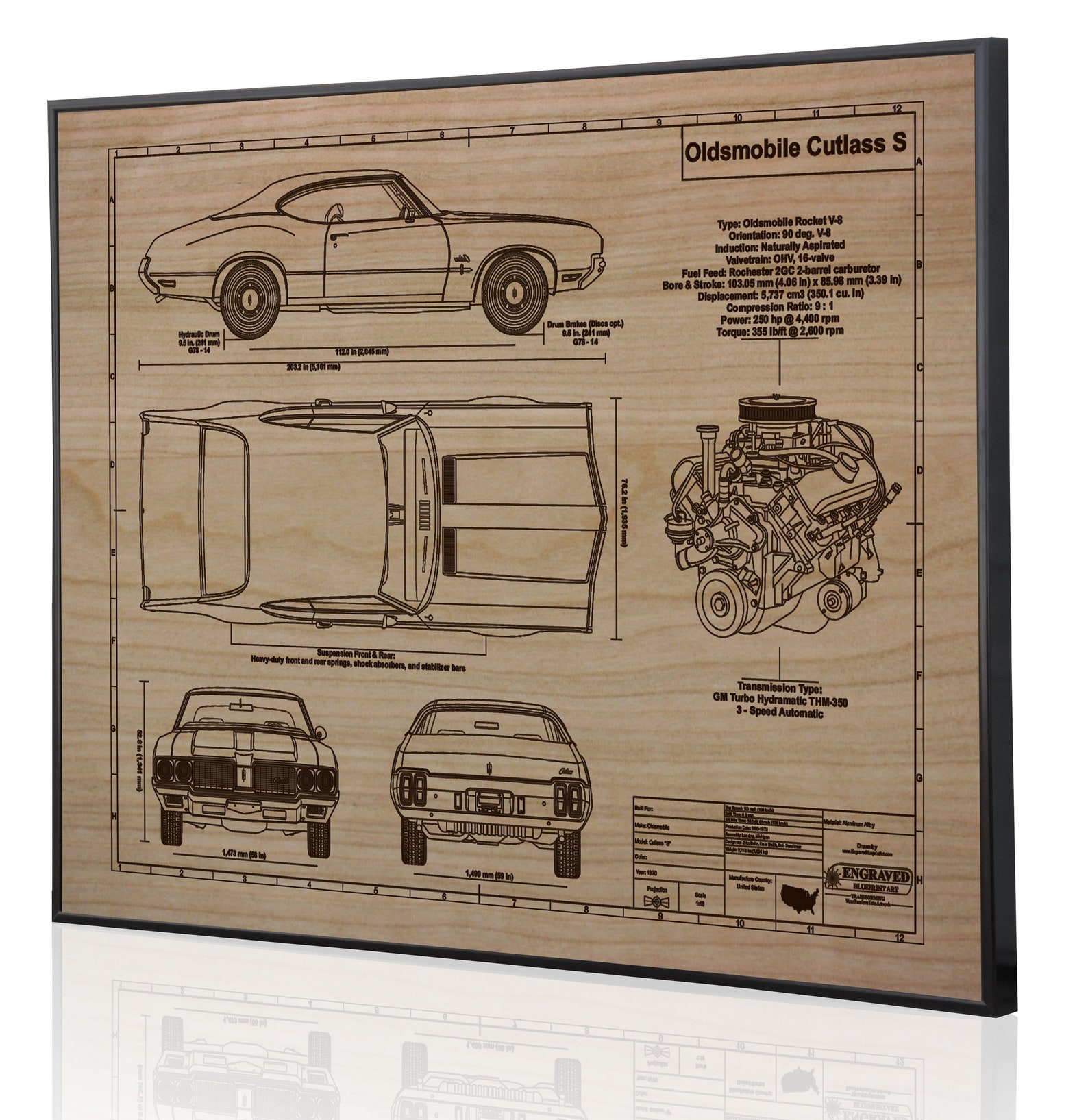 Oldsmobile Cutlass S 1970 Laser Engraved Wall Art. Blueprint - Etsy