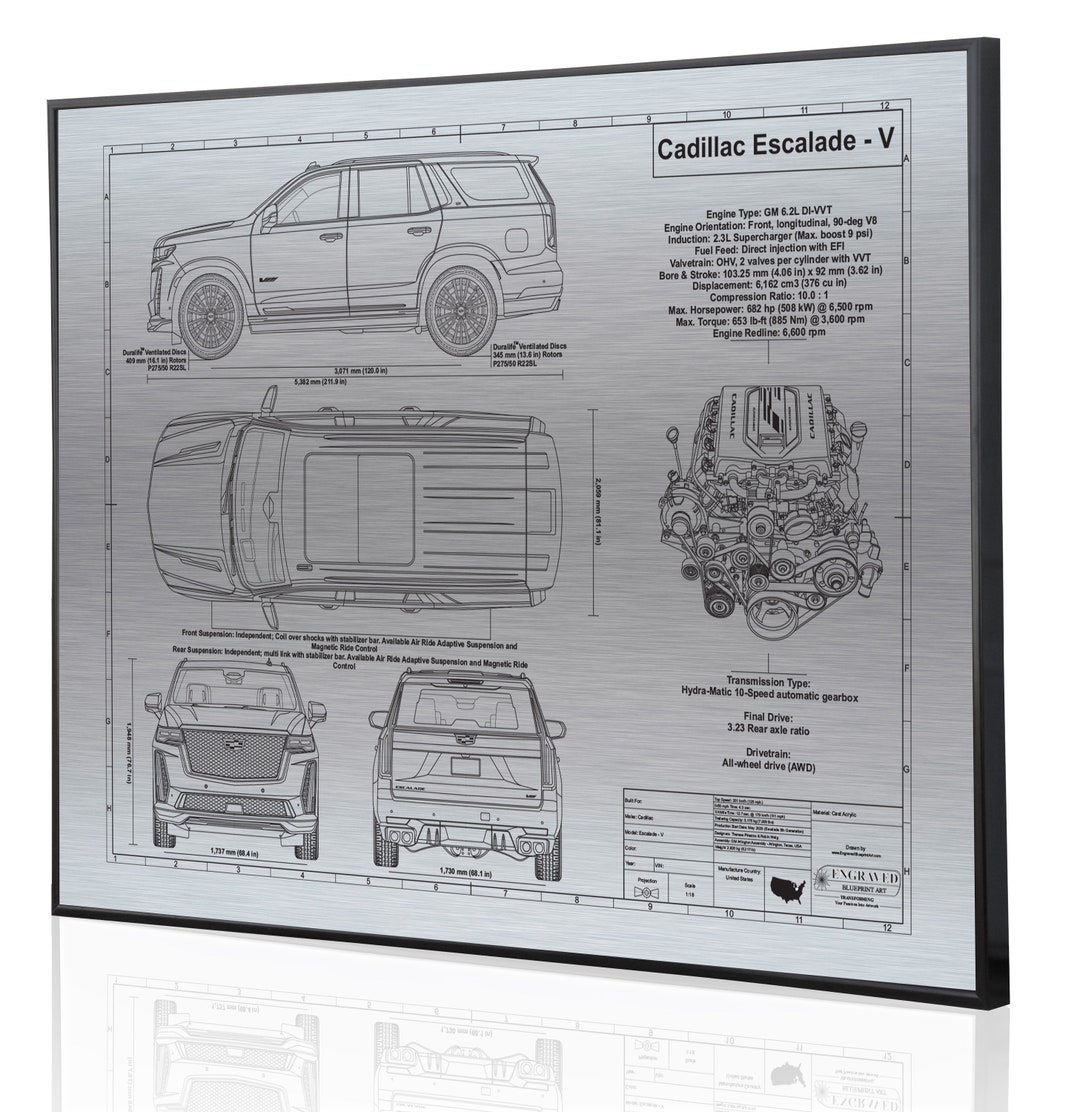Cadillac Escalade V Blueprint, Personalized Engraved Blueprint Wall Art ...