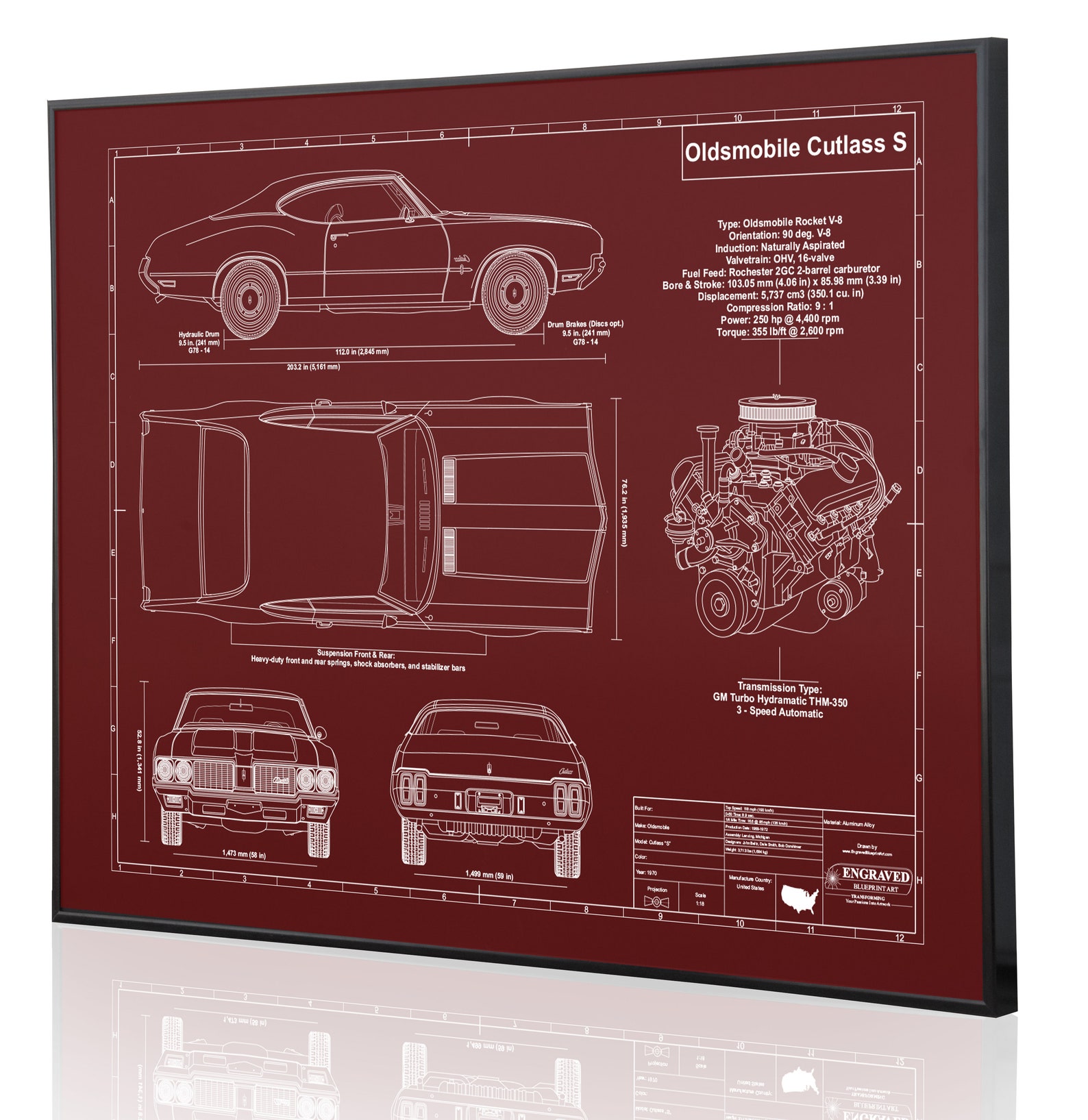 Oldsmobile Cutlass S 1970 Laser Engraved Wall Art. Blueprint - Etsy