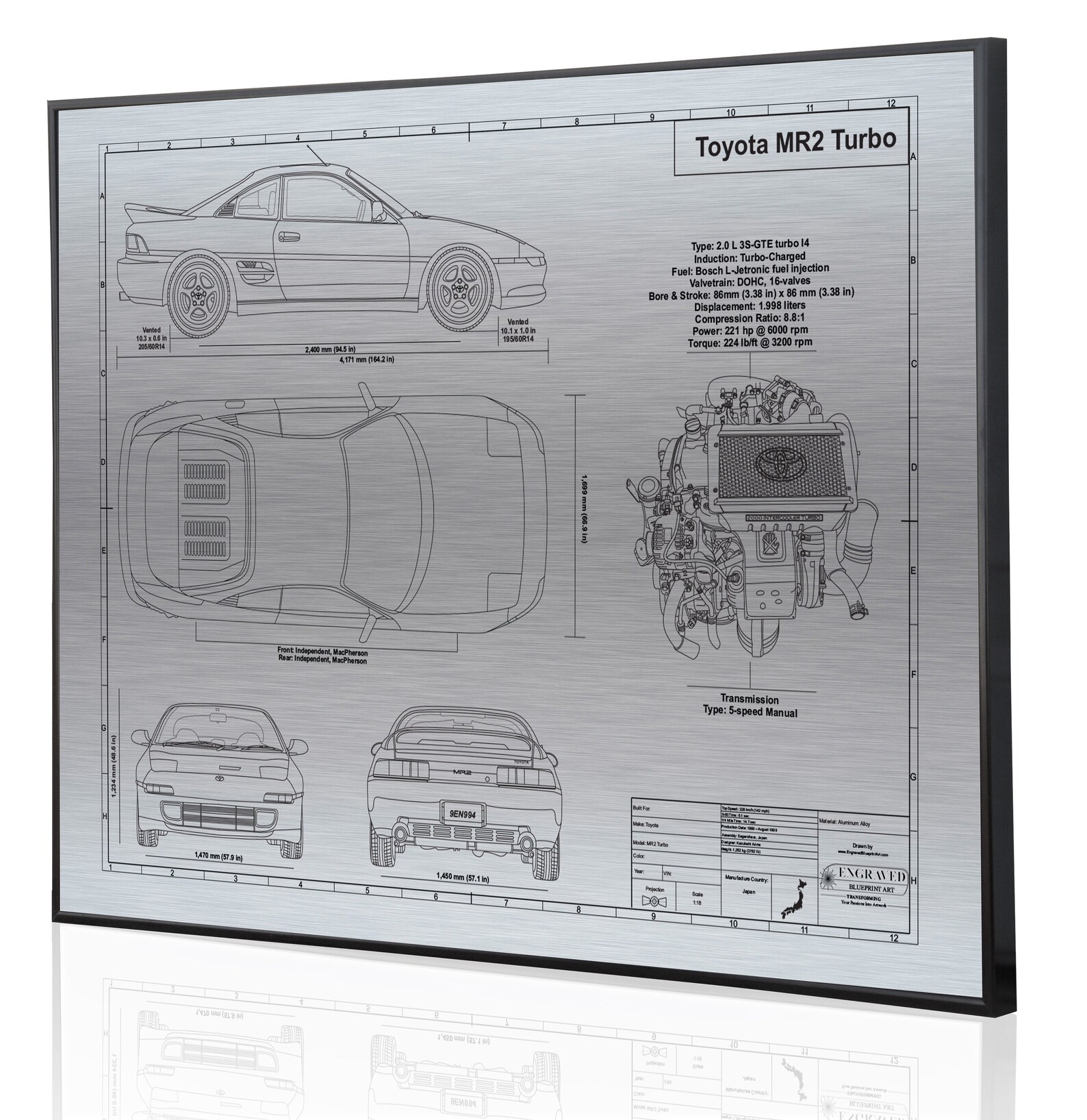 Toyota MR2 Turbo Personalized Laser Engraved Wall Blueprint - Etsy