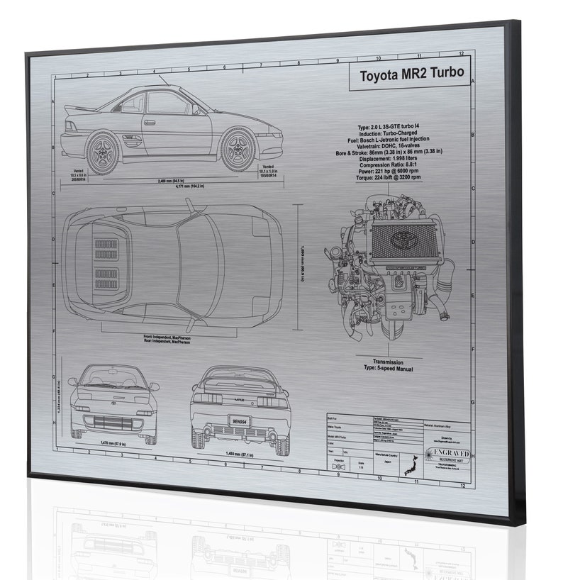 Toyota MR2 Turbo Personalized Laser Engraved Wall Blueprint - Etsy