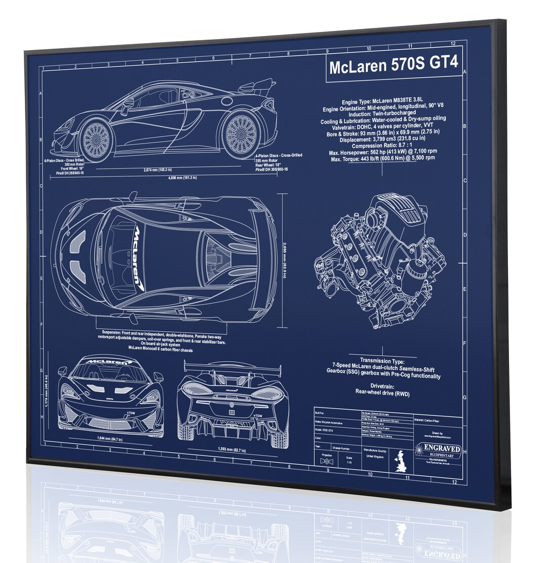 Mclaren 570S GT4 Blueprint Laser Engraved Art. Metal, Acrylic or Wood ...