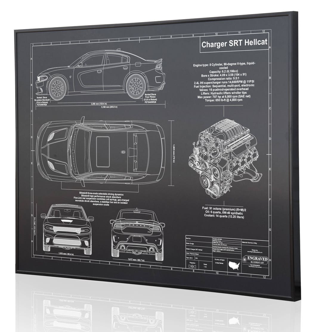 Dodge Charger Hellcat Blueprint Engraved Wall Art Poster. Engraved on ...