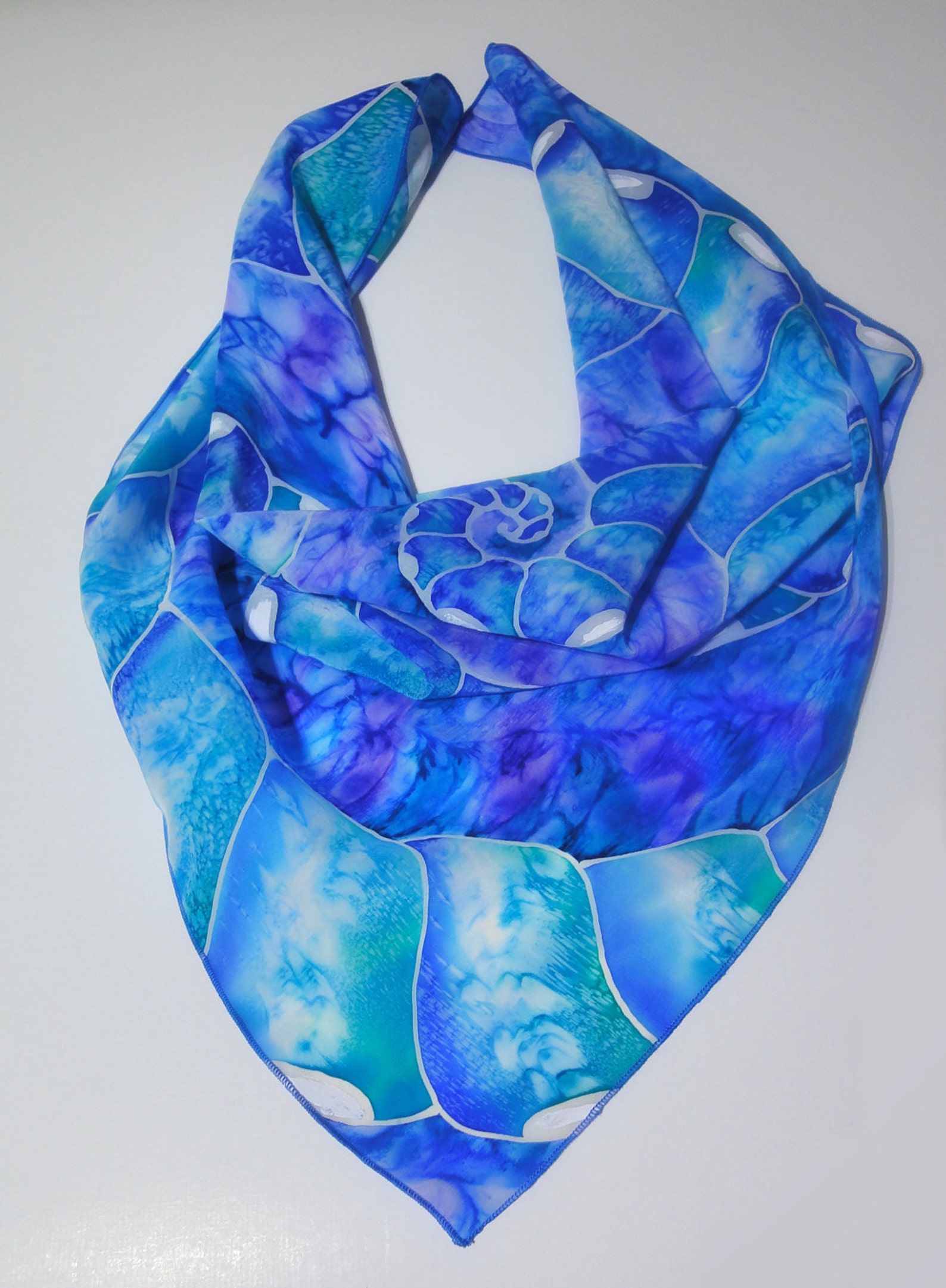 Hand Painted Silk Scarf "nautilus"- Marine Scarf , Blue Silk Scarf, Sea ...