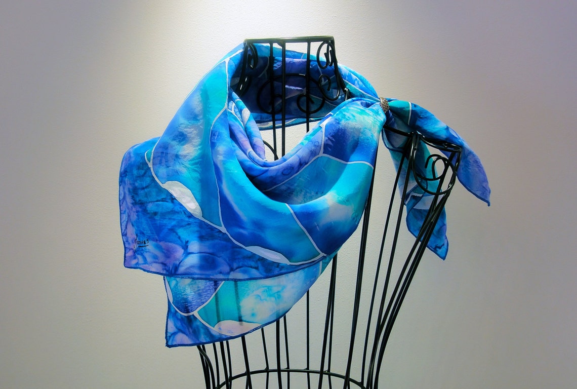 Hand Painted Silk Scarf "nautilus"- Marine Scarf , Blue Silk Scarf, Sea ...