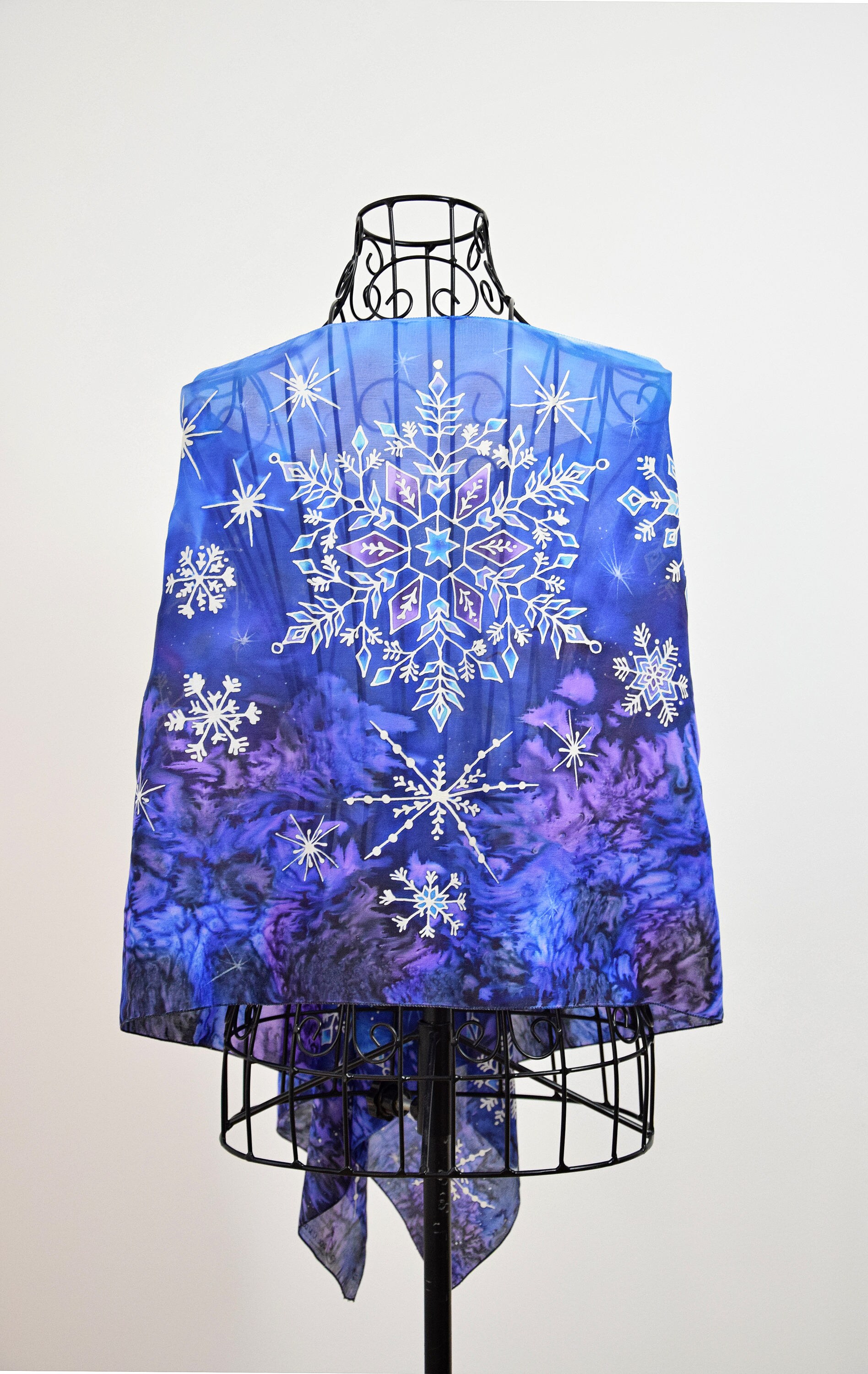 Hand Painted Silk Scarf dancing Snowflakes in the Night Sky Deep Blue ...
