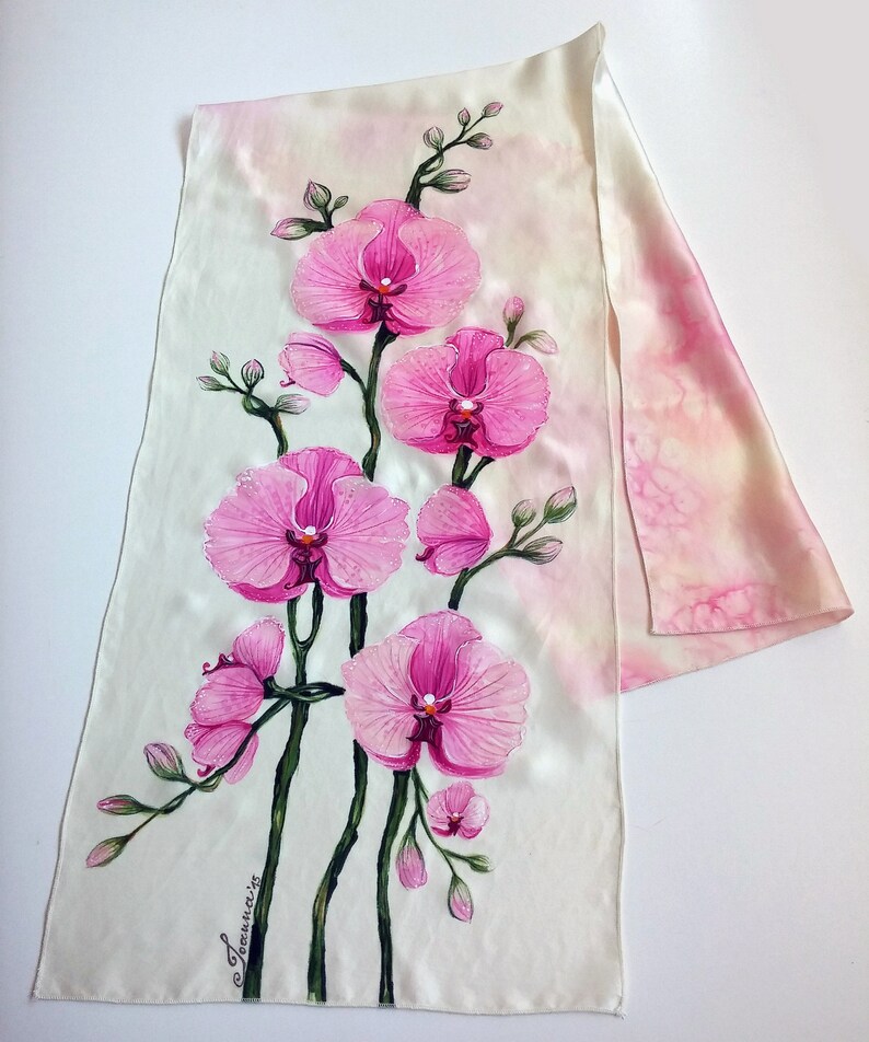 Hand Painted Silk Scarf - Pink Orchids- Flower Scarf-orchids Scarves - Etsy