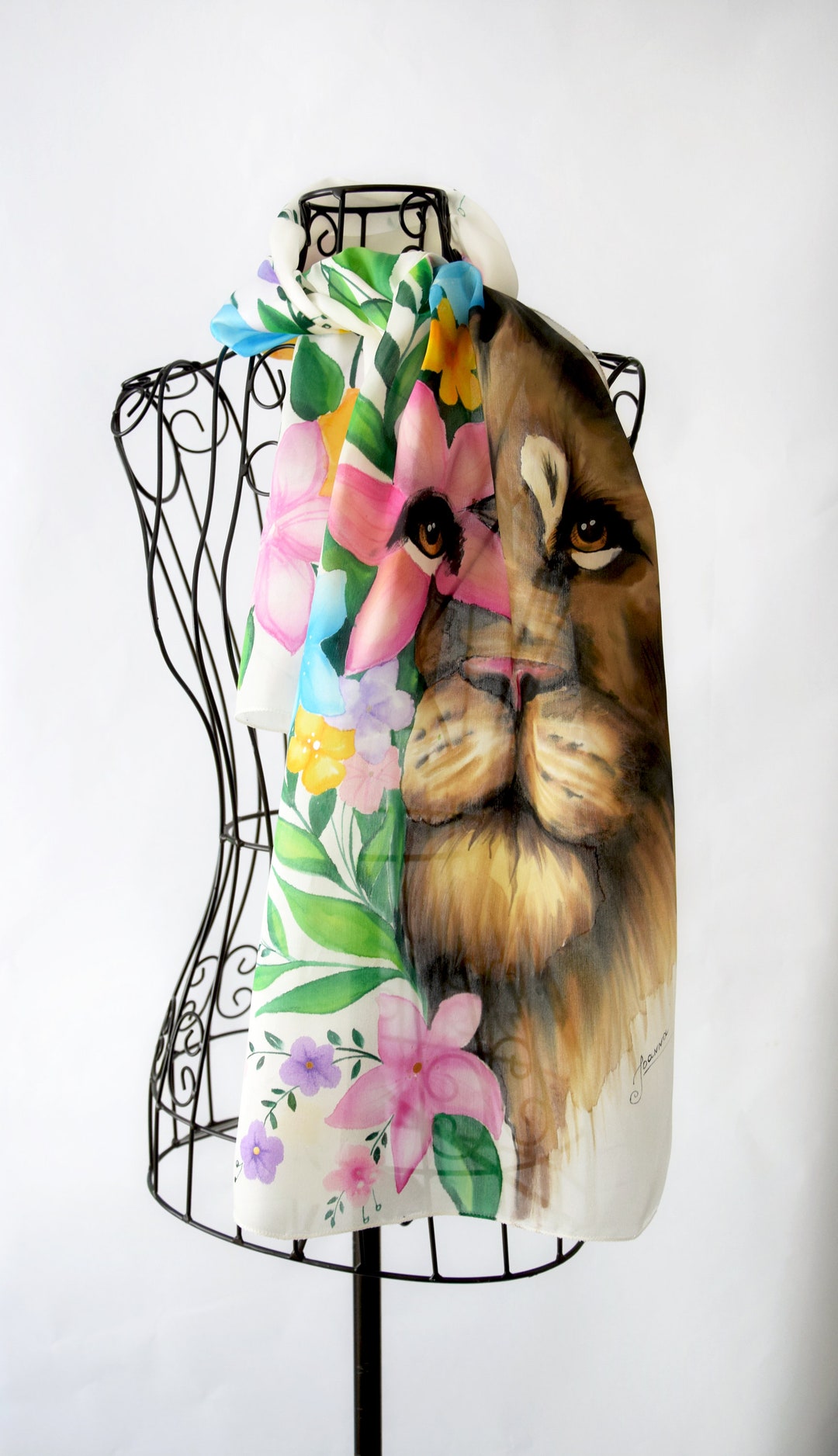 Hand Painted Silk Scarf Floral Lion - Etsy