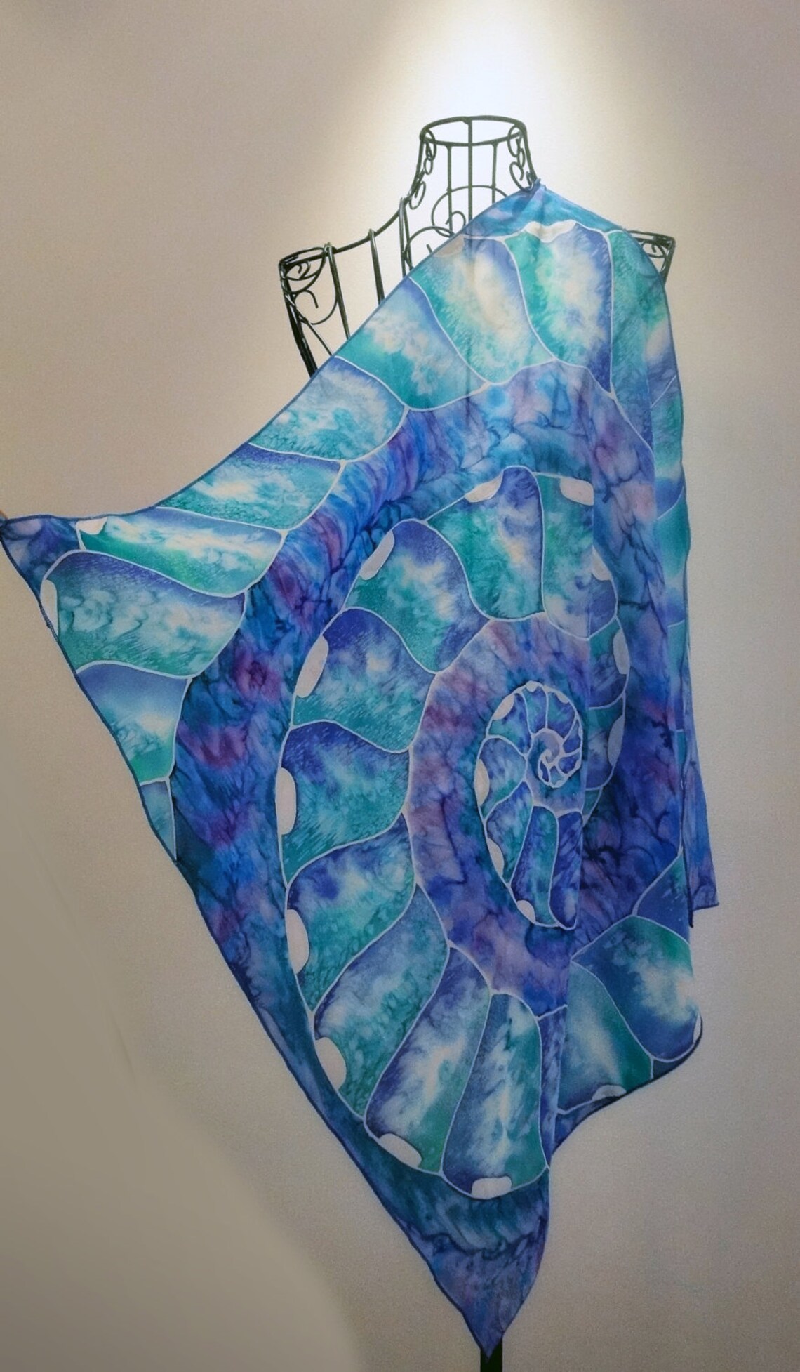 Hand Painted Silk Scarf "nautilus"- Marine Scarf , Blue Silk Scarf, Sea ...