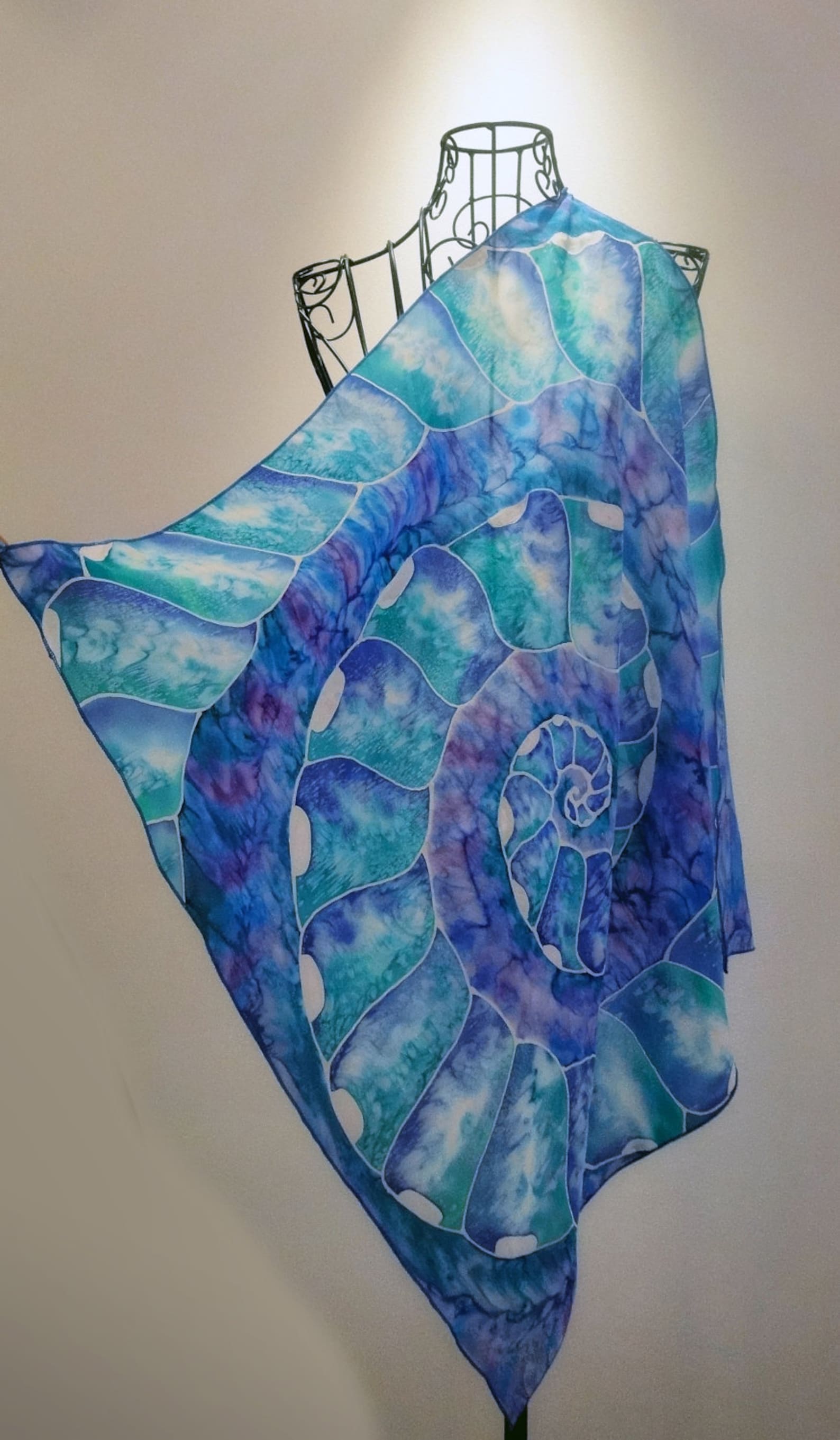 Hand Painted Silk Scarf "nautilus"- Marine Scarf , Blue Silk Scarf, Sea ...