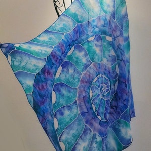 Hand Painted Silk Scarf "nautilus"- Marine Scarf , Blue Silk Scarf, Sea ...