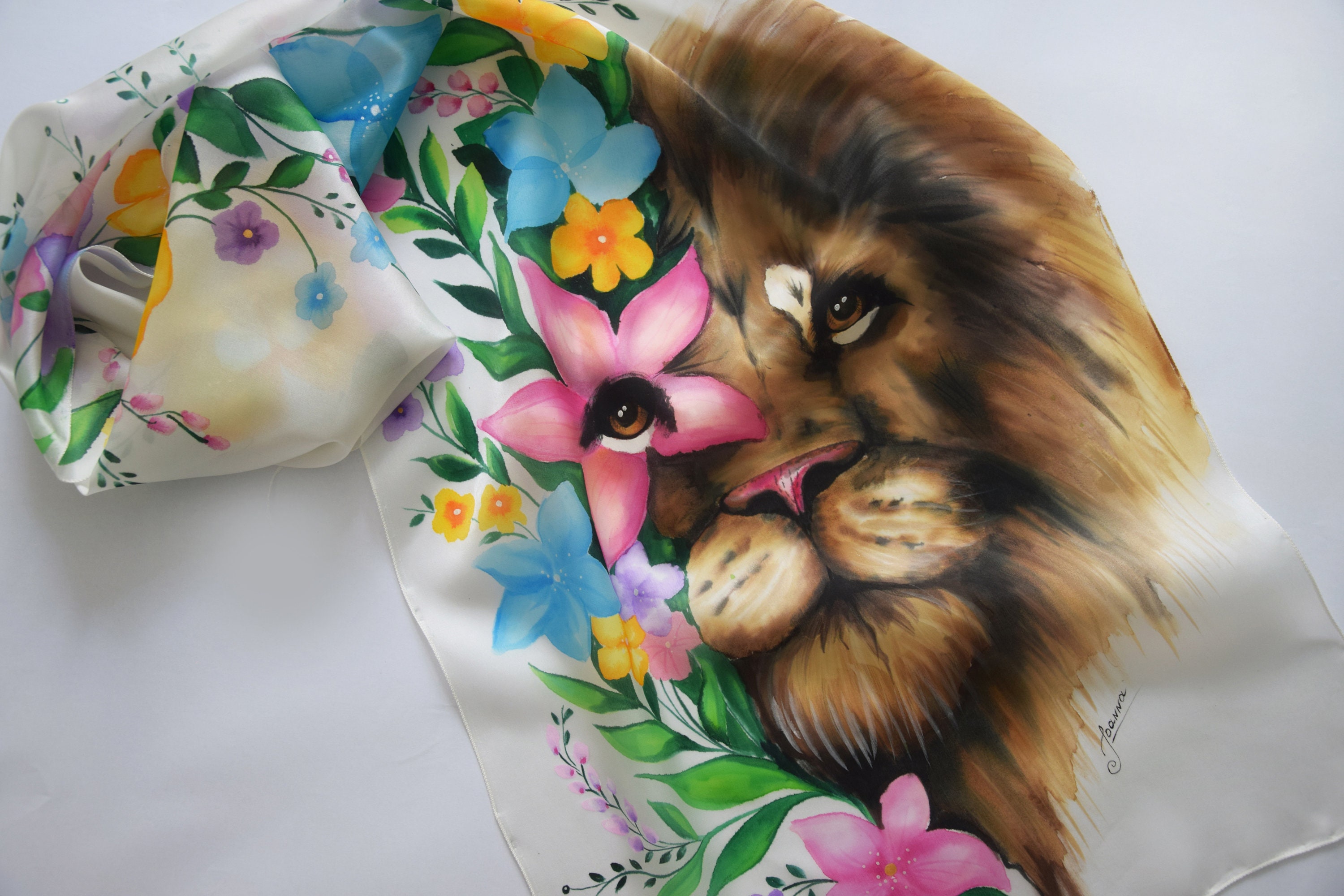 Hand Painted Silk Scarf Floral Lion - Etsy