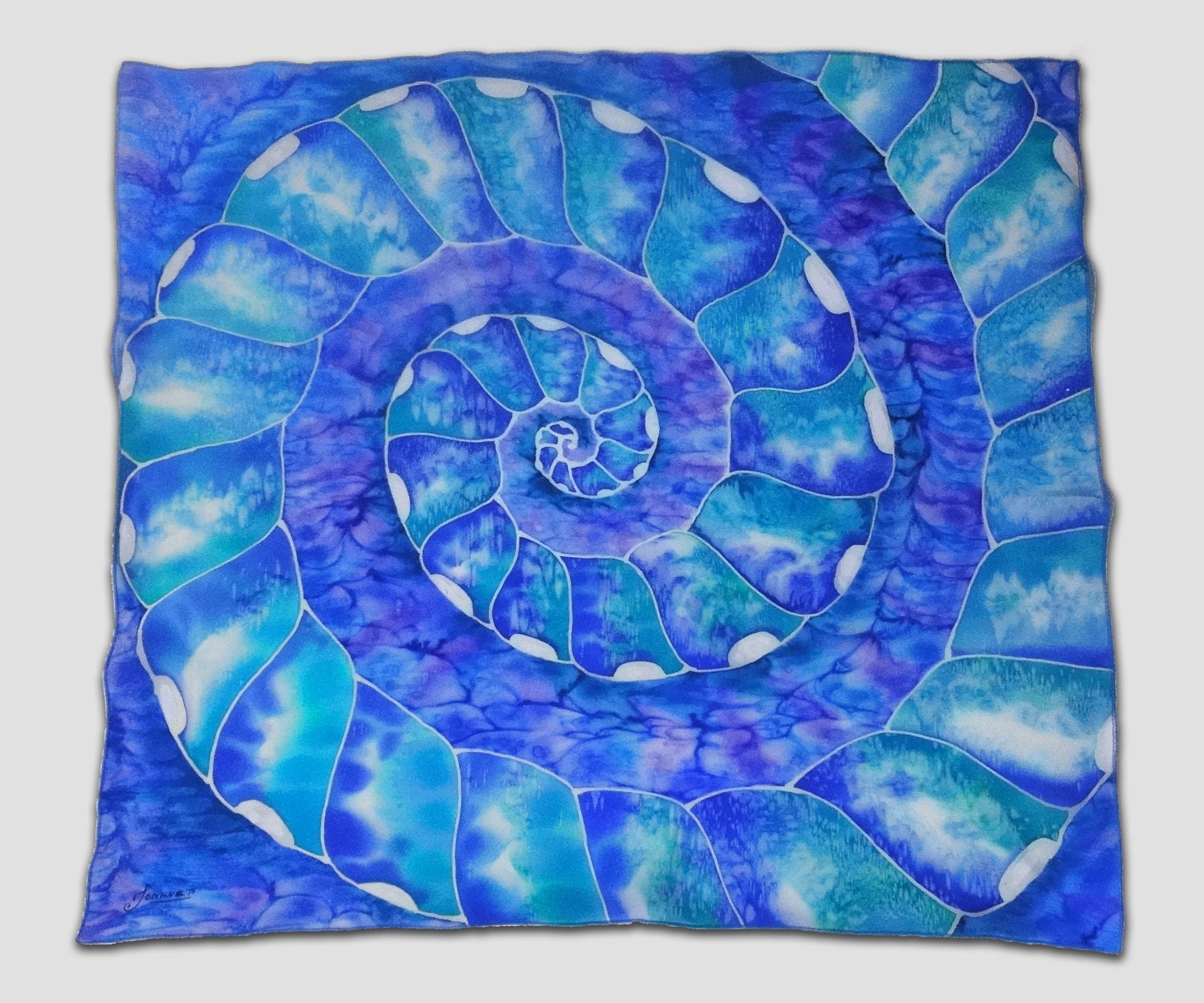 Hand Painted Silk Scarf "nautilus"- Marine Scarf , Blue Silk Scarf, Sea ...