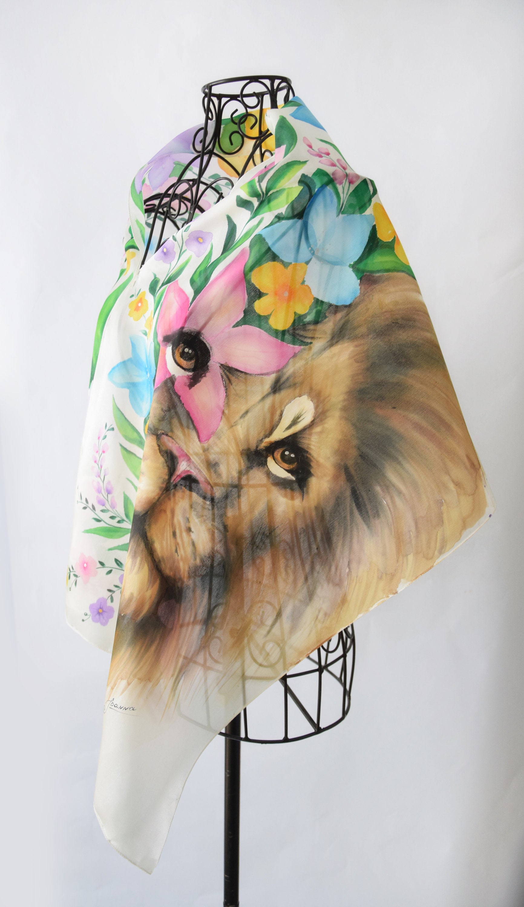 Hand Painted Silk Scarf Floral Lion - Etsy