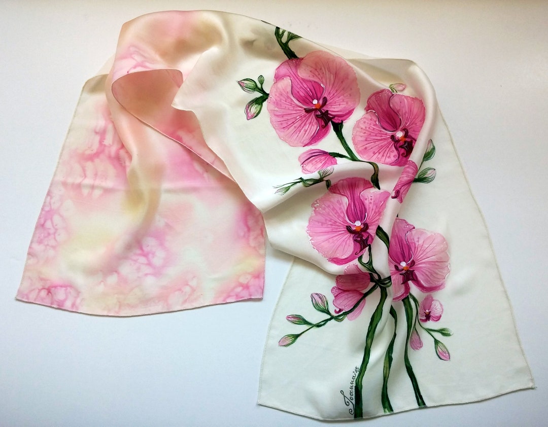 Hand Painted Silk Scarf - Pink Orchids- Flower Scarf-orchids Scarves - Etsy