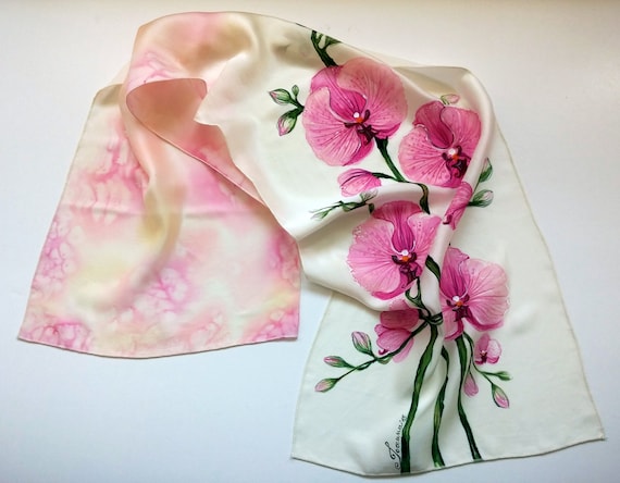 Hand Painted Silk Scarf Pink Orchids Flower Scarf-orchids - Etsy