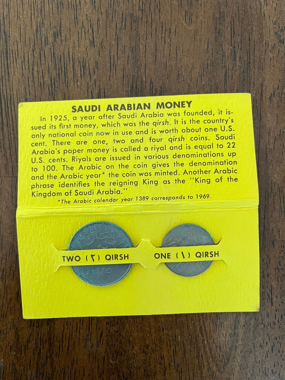 Vintage Saudi Arabian Money - One Qirsh and Two Qirsh Coins in Display ...