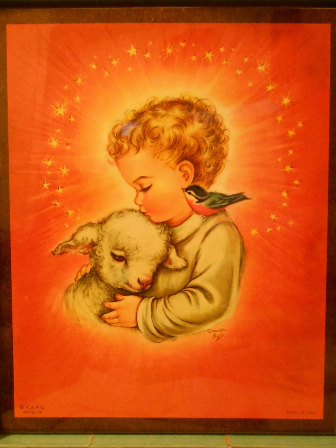 Vintage Lithograph of Child With Bird and Lamb by Charlot Byj - Etsy