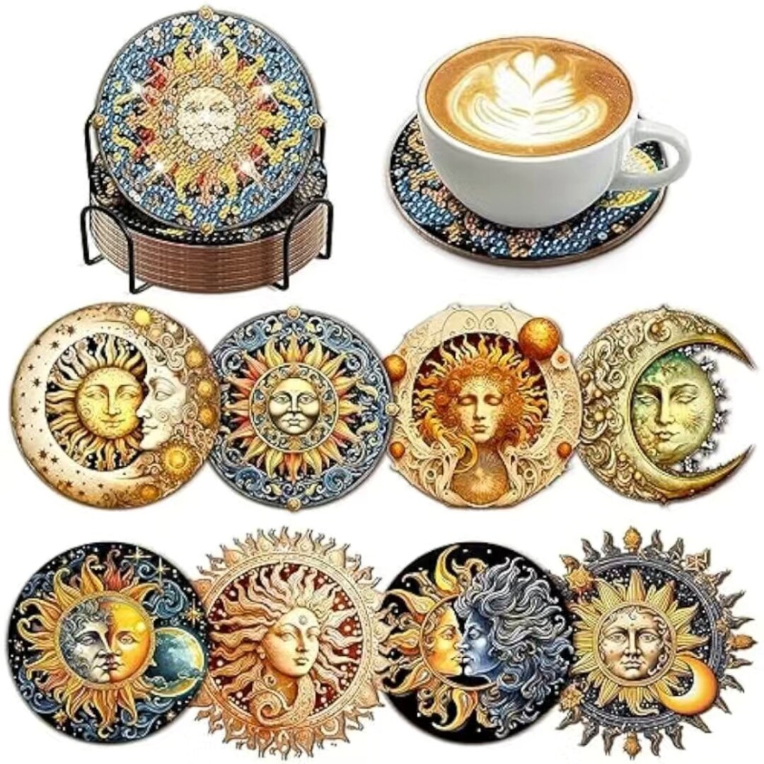 8 Mystic Moon Coasters With Faces of the Sun, Diamond Painting Kit ...