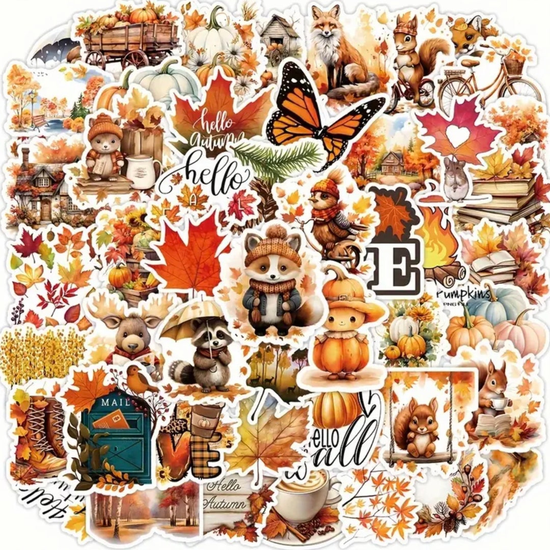 50 Hello Fall Stickers With Autumn Leaves, Pumpkins and Forest Animals ...