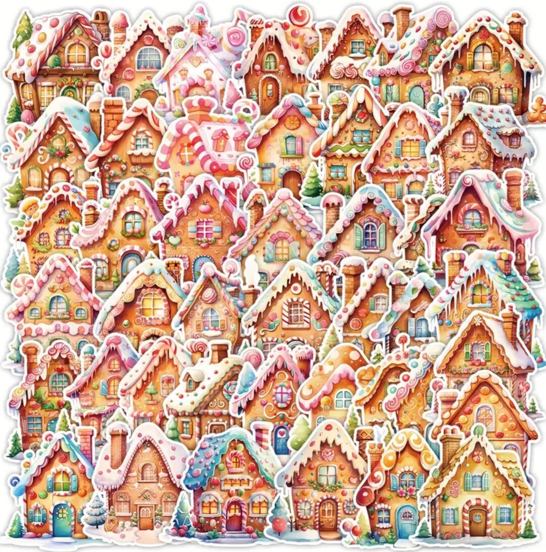 Set of 50 Whimsical Gingerbread House Stickers With Pastel Icing and ...