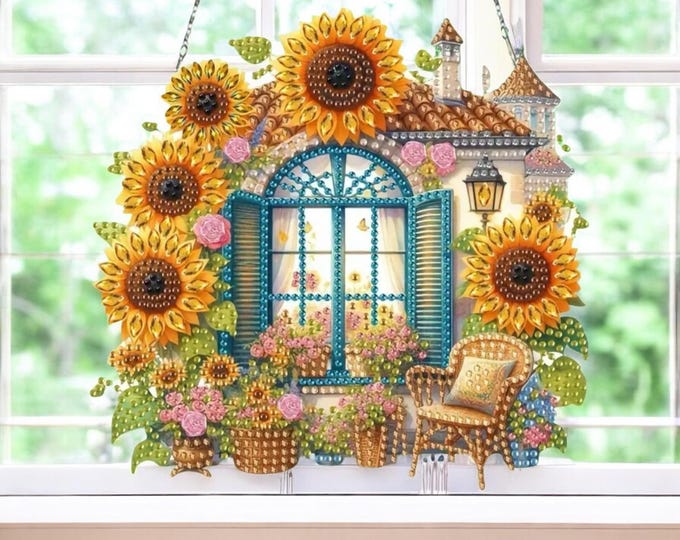 Sunflower Garden Window Diamond Painting Kit – Single-sided DIY Sun ...